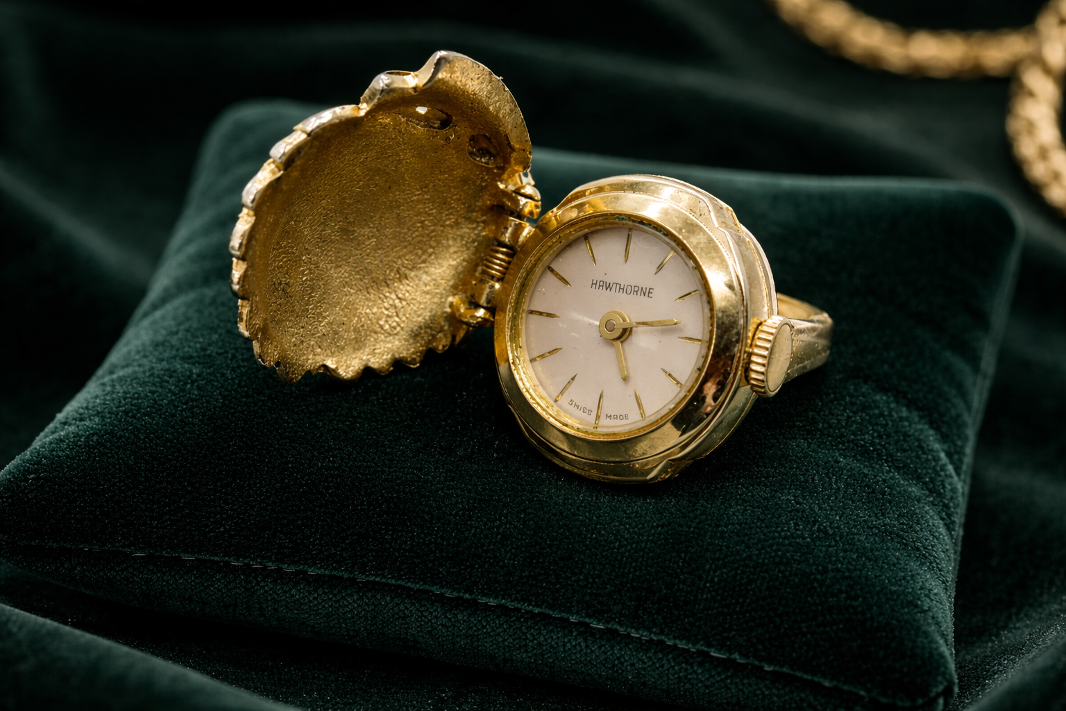 Vintage Hawthorne Swiss Watch Ring – Rhinestone Gold-Tone Leaf – Size ...